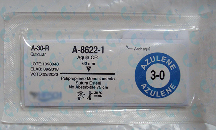 Sutura prolene 3-0 recta A-8622-1 cuticular aguja CR60mm hebra azul 75cm