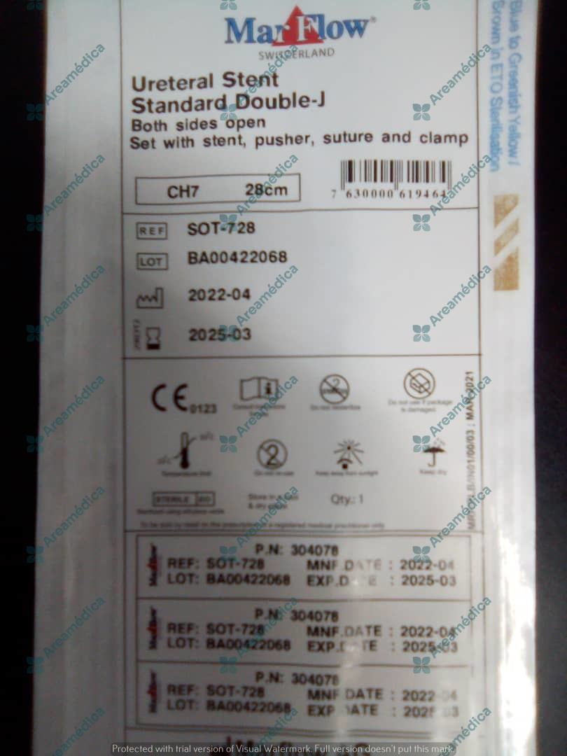 Cateter Doble J 7FR x 28cm Marflow Cateter Ureteral Corta Duracion